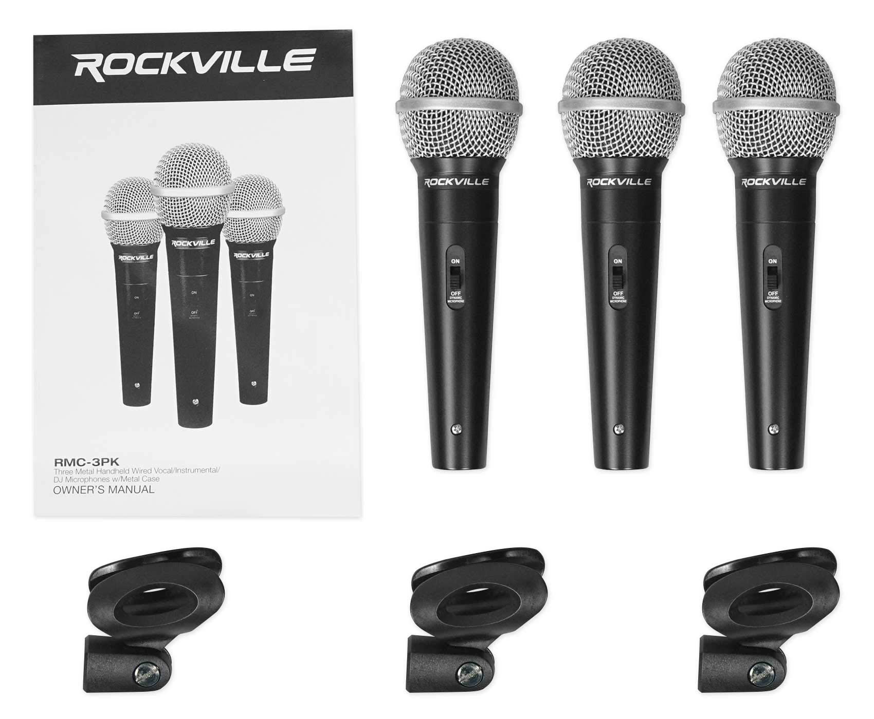 Rockville RMC-3PK 3 Pack Metal Wired Vocal/Instrument/DJ Microphones+Metal Case, Black