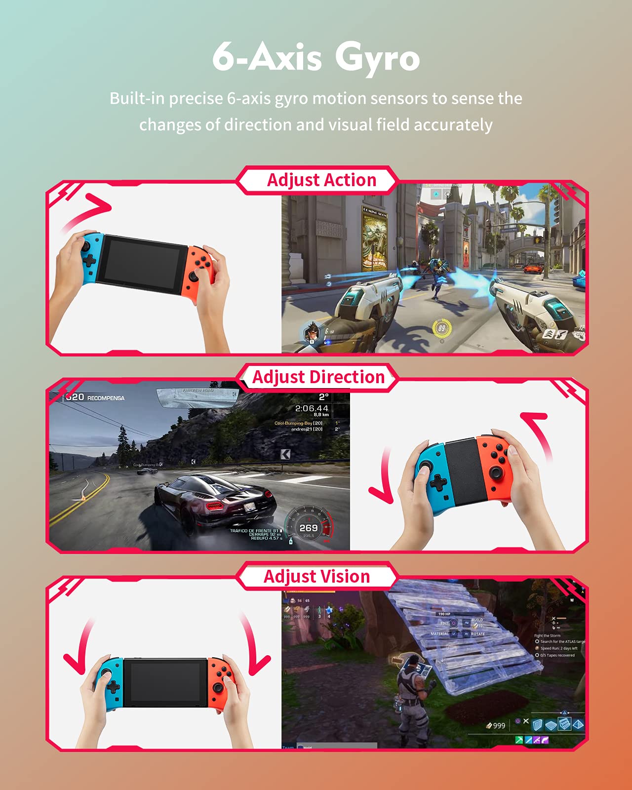 binbok Joypad for Switch, Wireless Controller 8 LED Colors, Remote Gamepad, Adjustable Turbo, Vibration, Ergonomic, Switch Console Accessories, Back Button (RED&BULE)