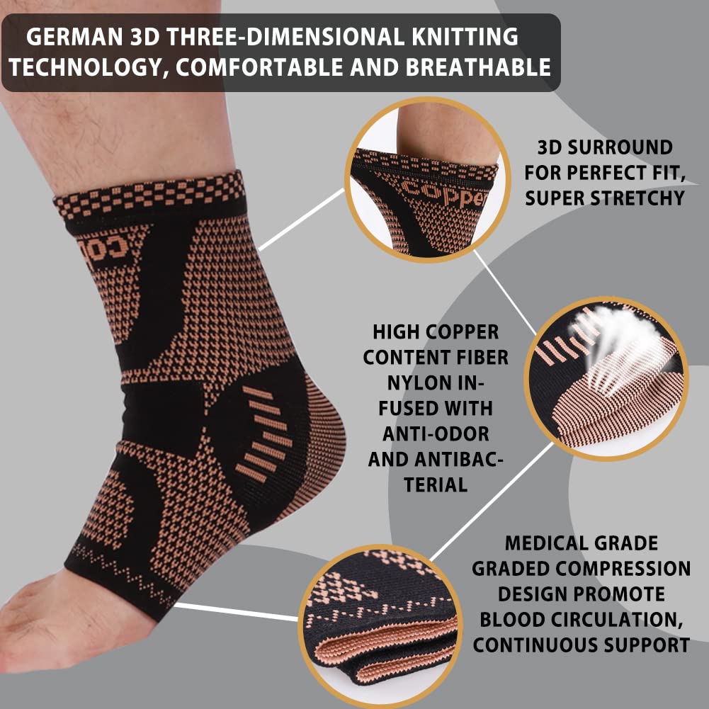 Copper Ankle Brace, Copper Infused Ankle Support Compression Sleeve for Men & Women, for Foot Pain Relief, Plantar Fasciitis, Sprained Ankle, Achilles Tendonitis,Recovery, Daytime or Night Use(L)
