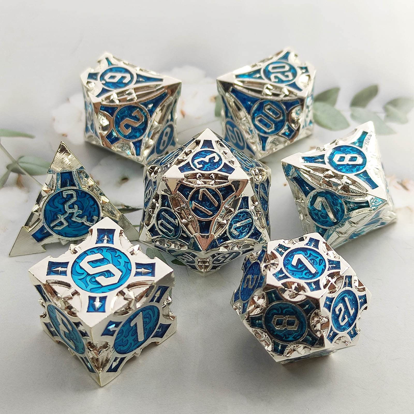 DND Metal Dice Set D&D Dungeons and Dragons Gift Polyhedron RPG MTG D20 D12 D6 D and D Pathfinder Board Games Dice Accessories with Storage Bag-Silver Blue