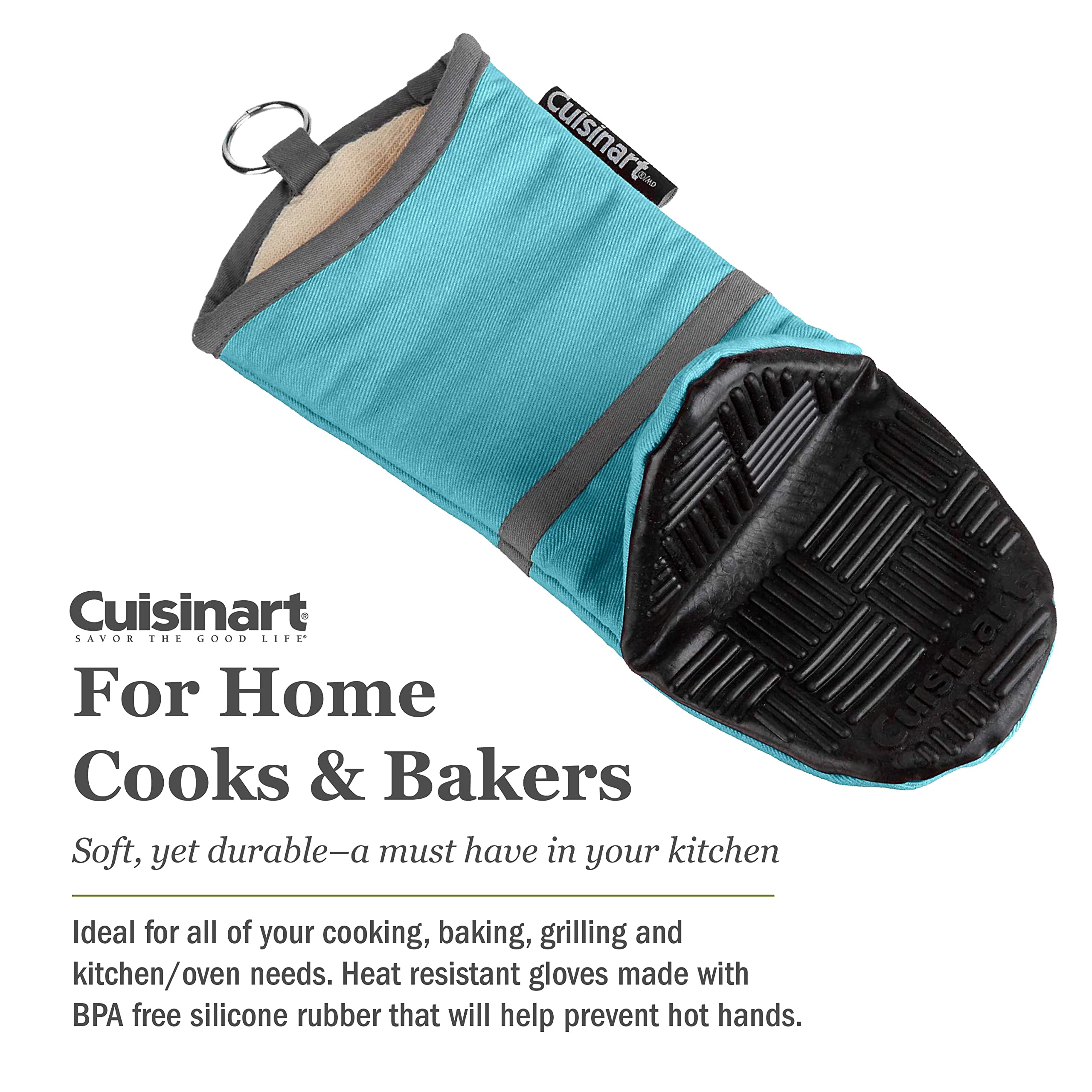 Cuisinart Silicone Oven Mitts, 2 Pack – Heat Resistant To 500 Degrees – Handle Hot Kitchen Items Safely – Non-Slip Silicone Grip Oven Gloves with Insulated Deep Pockets and Hanging Loop – Aqua