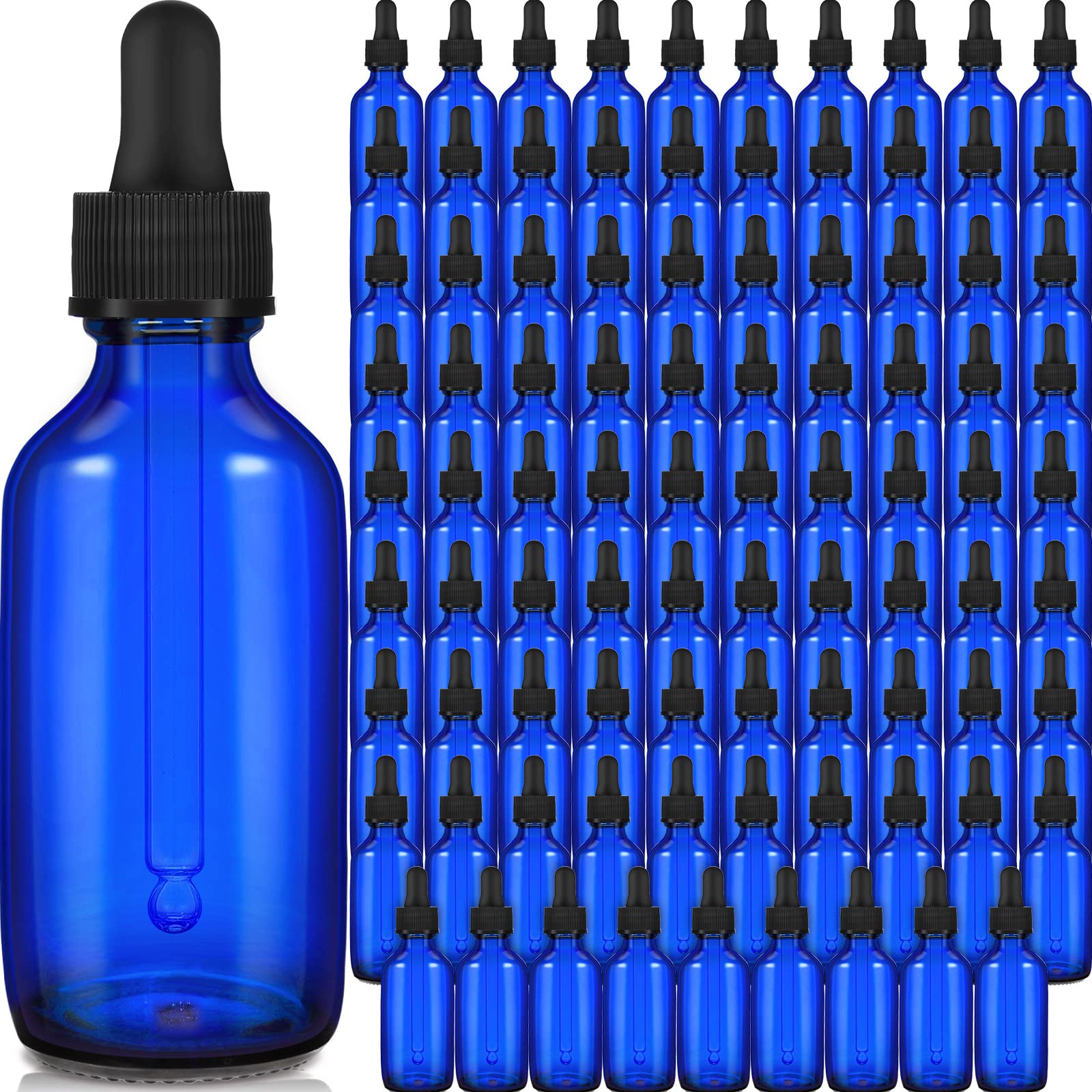 Epakh 100 Pack Glass Dropper Bottles, 2 oz Tincture Vials with Eye Droppers for Essential Oils, Liquids, Leakproof Travel Bottles (Blue)