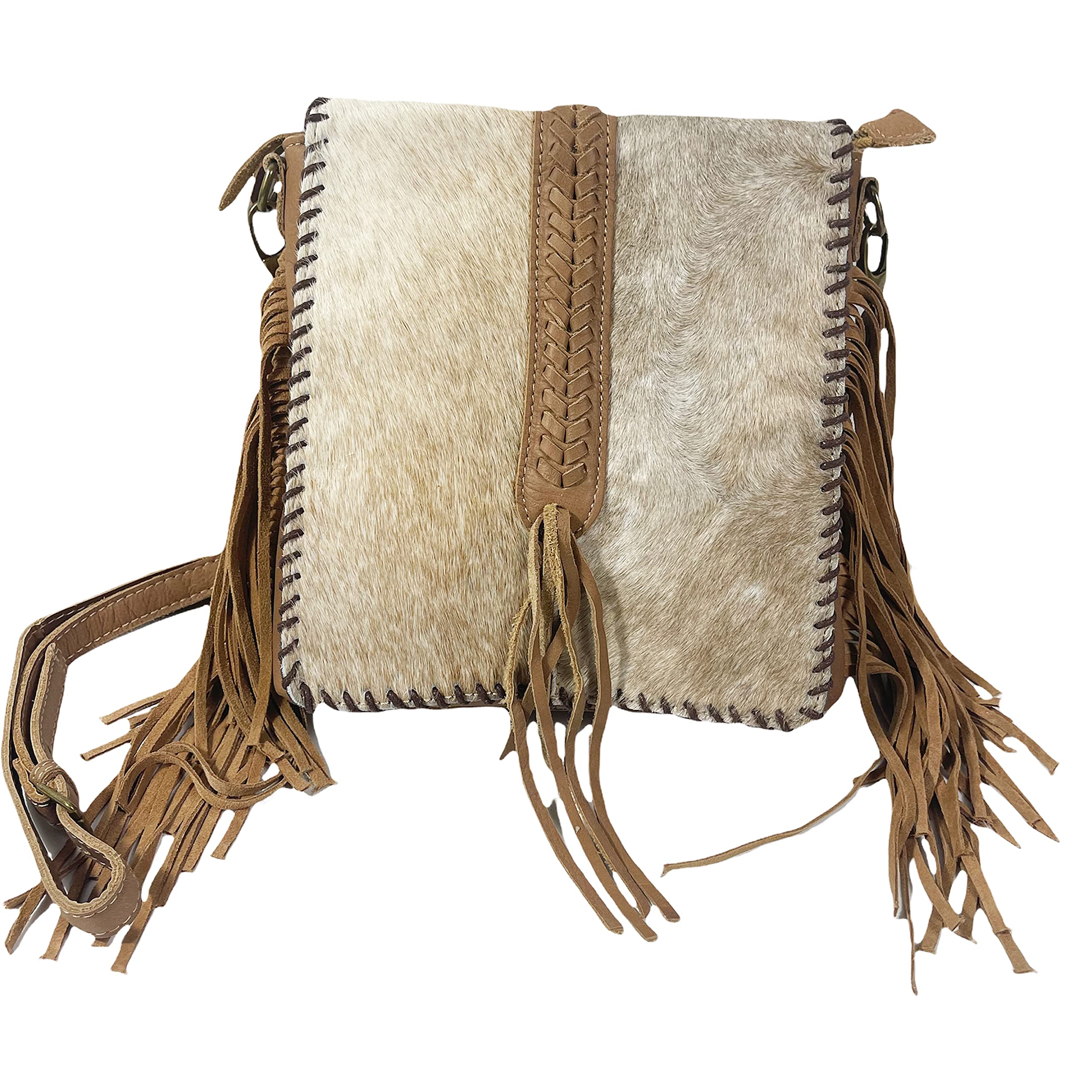 Urbalabs Western Cowhair Concealed Carry Womens Crossbody Fringe Purse Genuine Leather Handmade Stitched Handbag (Light Brown)