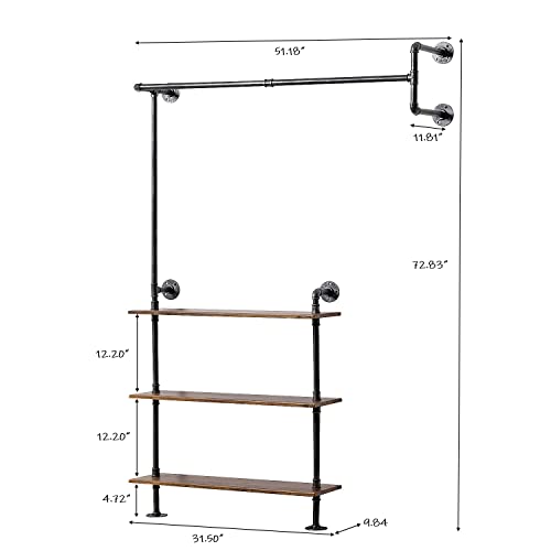 Industrial Pipe Clothing Racks with Shelves, Wall Mounted Wood Clothes Racks, Heavy Duty Iron Pipe Garment Racks for Hanging Clothes, Industrial Retro Steampunk Closet Organizer for Home Retail Store