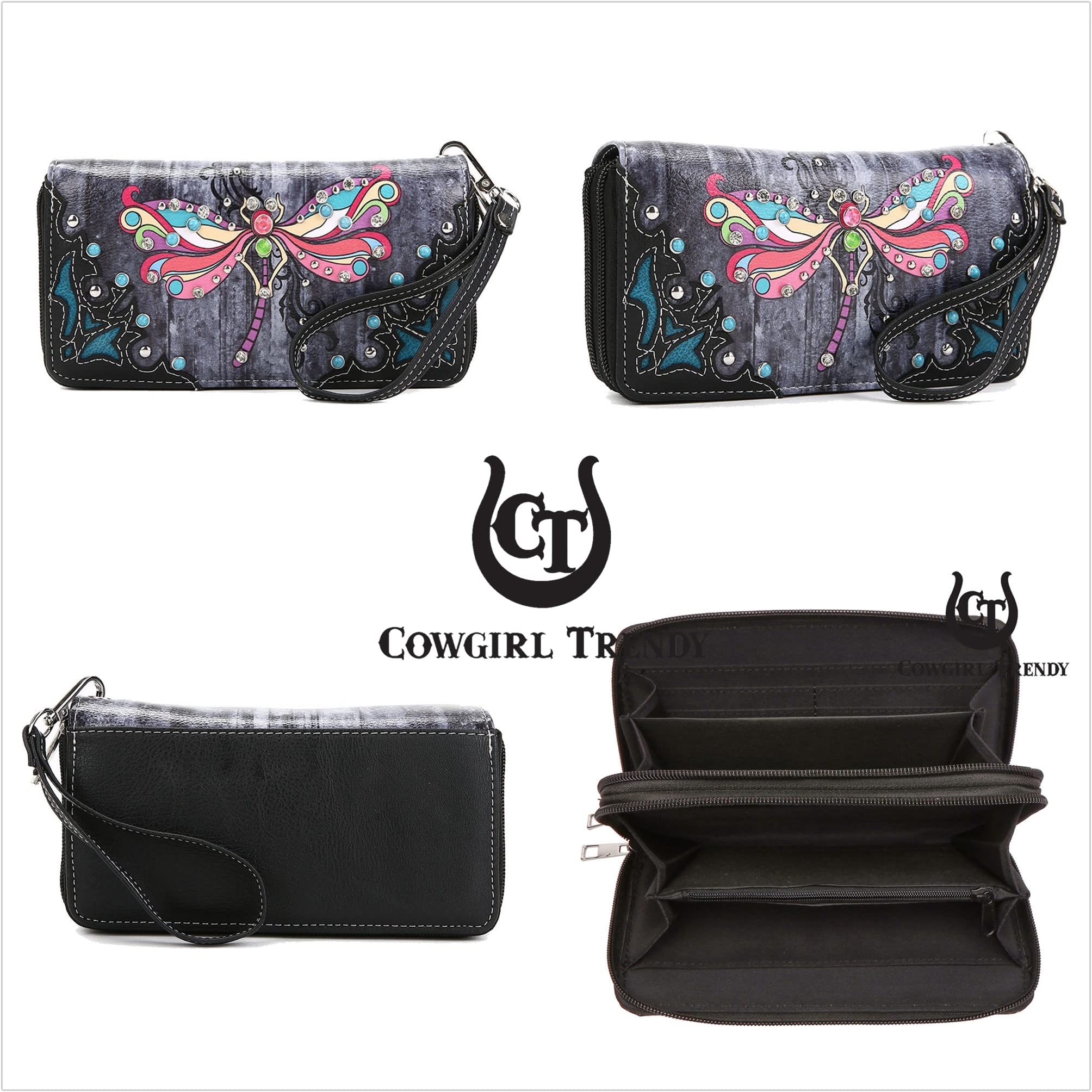 Colorful Dragonfly Western Spring Purse Country Handbag Women Shoulder Bag Crossbody Wallet Set Black