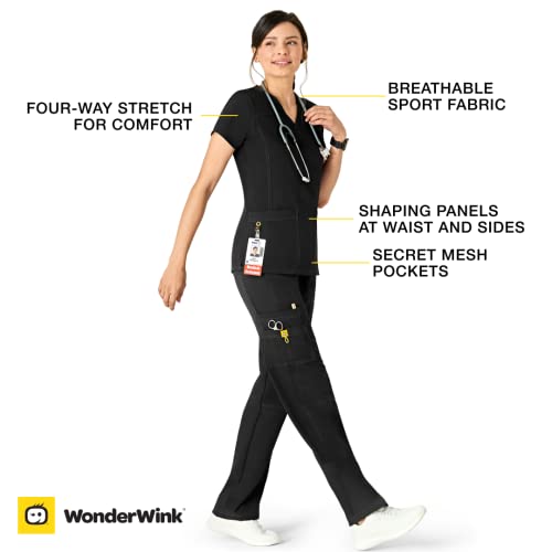 WonderWink Womens Four -Way Stretch Sporty V-Neck Top Medical Scrubs Shirts, Black, X-Large US