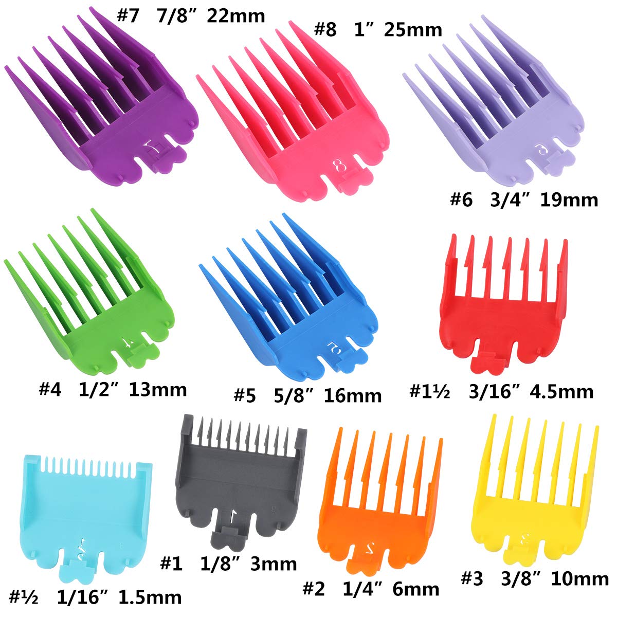 CABAX 10 Pcs Colorful Professional Hair Clipper Combs Guides 1/16β to 1β,Attachment Guide Combs Replacement Guards Set for Wahl Clippers/Trimmers