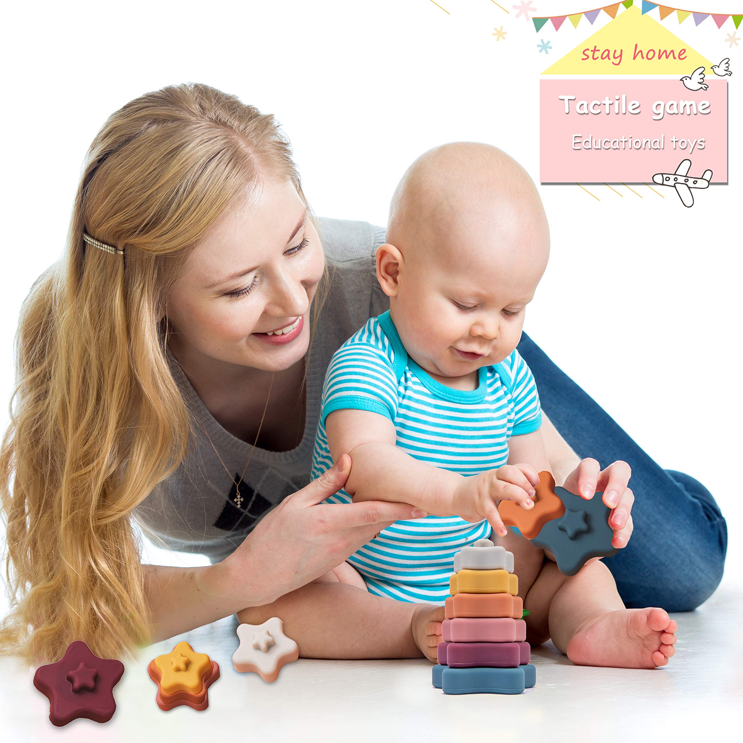 Promise Babe Stacking Toys,Silicone Stacking Rings Teething Toy with Star Shape,Soft Building Blocks,Montessori Early Educational Toy for 6 Month+ Boys & Girls(6Pcs)