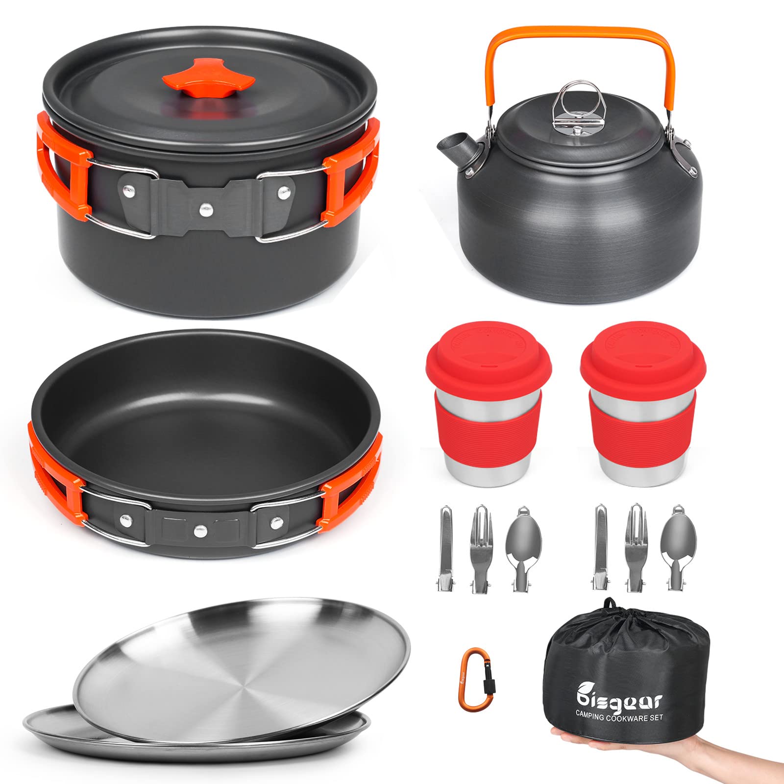 Bisgear Camping Cookware Kettle Mess Kit - Camping Cooking Set Stainless Steel 18/8 Plates Cups with Lids &Sleeves Cutlery - Camping Pots and Pans Set - Backpacking Gear Camp Accessories Equipment