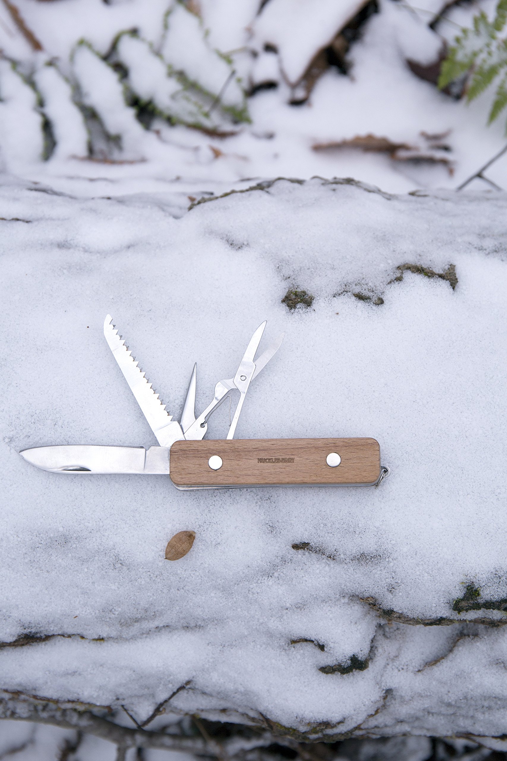 Kikkerland Huckleberry First Pocket Knife, Compact 4 in 1 Tools, Lightweight, Wood Handle, Stainless Steel, Keyring, For Camping, Hiking and Fishing
