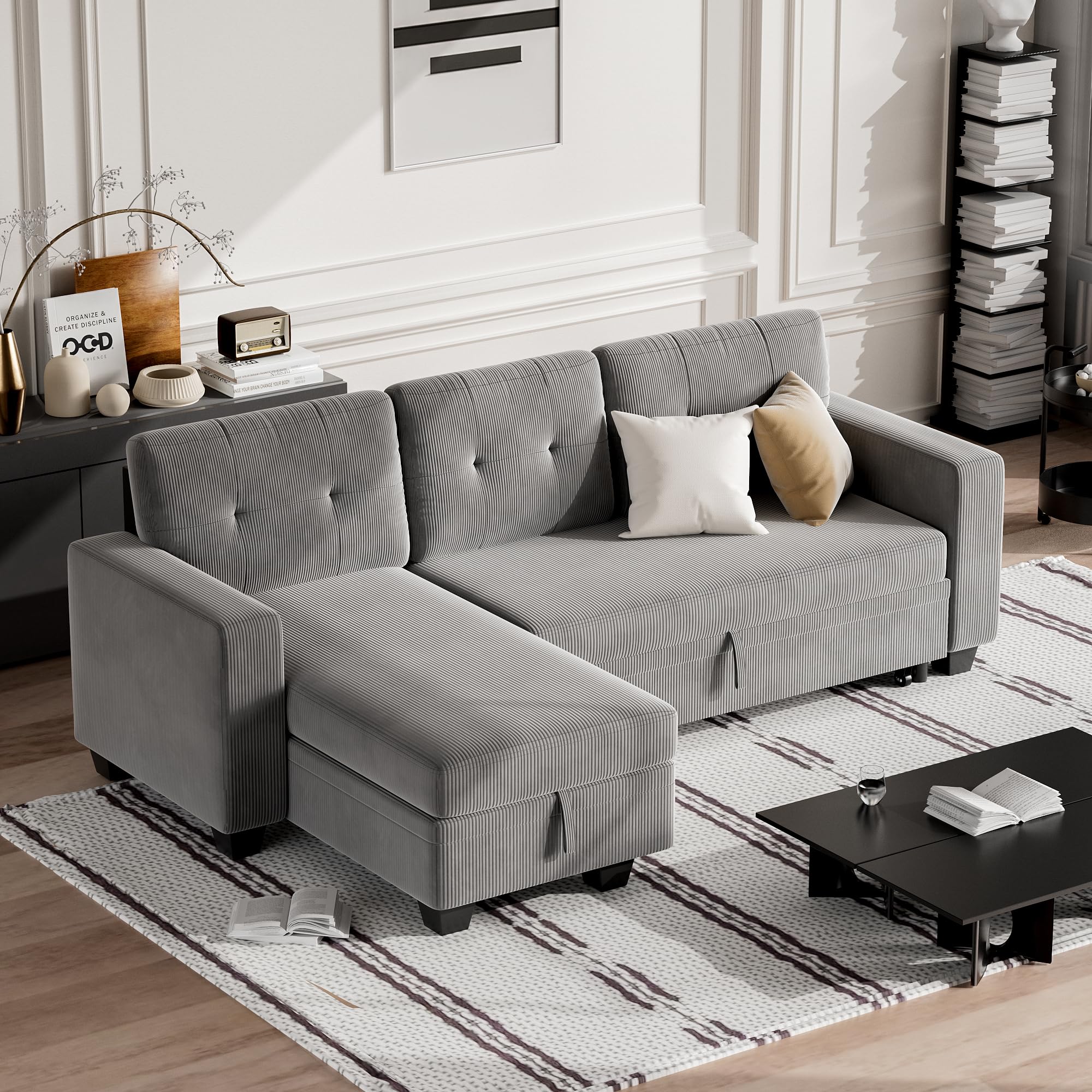 Furmax Sleeper Sofa, Sofa Bed L Shaped Sectional Couch with Reversible Storage Chaise Lounge, Modern Fabric Pull Out Couch & Couch Bed for Living Room Small Space (Grey)