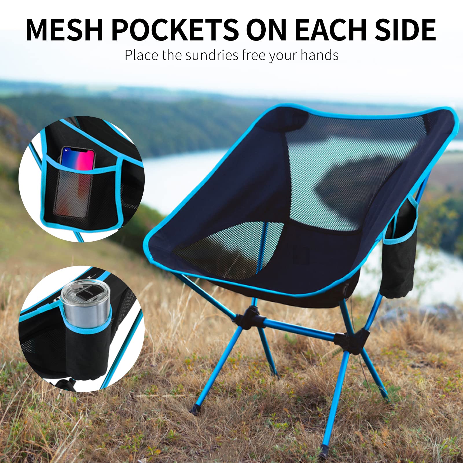 CAMPFEEL Camping Chairs Compact Portable Folding Chair,Heavy Duty 230lb Capacity with Side Pockets Packable Lightweight Backpacking for Hiking/Picnic/Beach