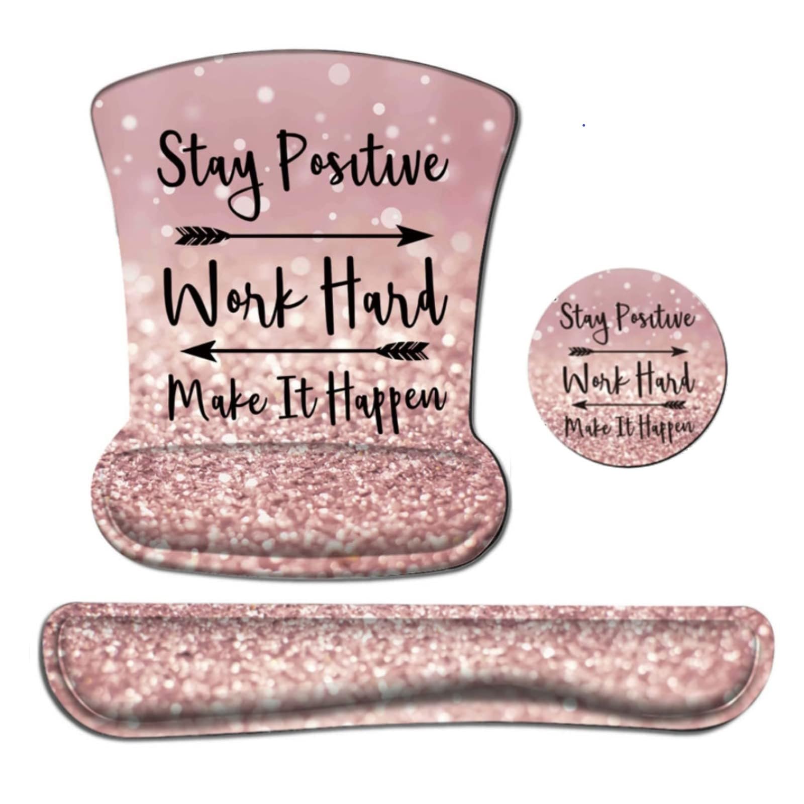 iCasso Ergonomic Mouse Pad with Wrist Support Set, Keyboard Wrist Rest+ Mouse Wrist Rest Pad + Coaster, Non-Slip Base Cute Mouse Mat, Pain Relieve Desk Mousepadfor Computer (Pink Stay Positive)