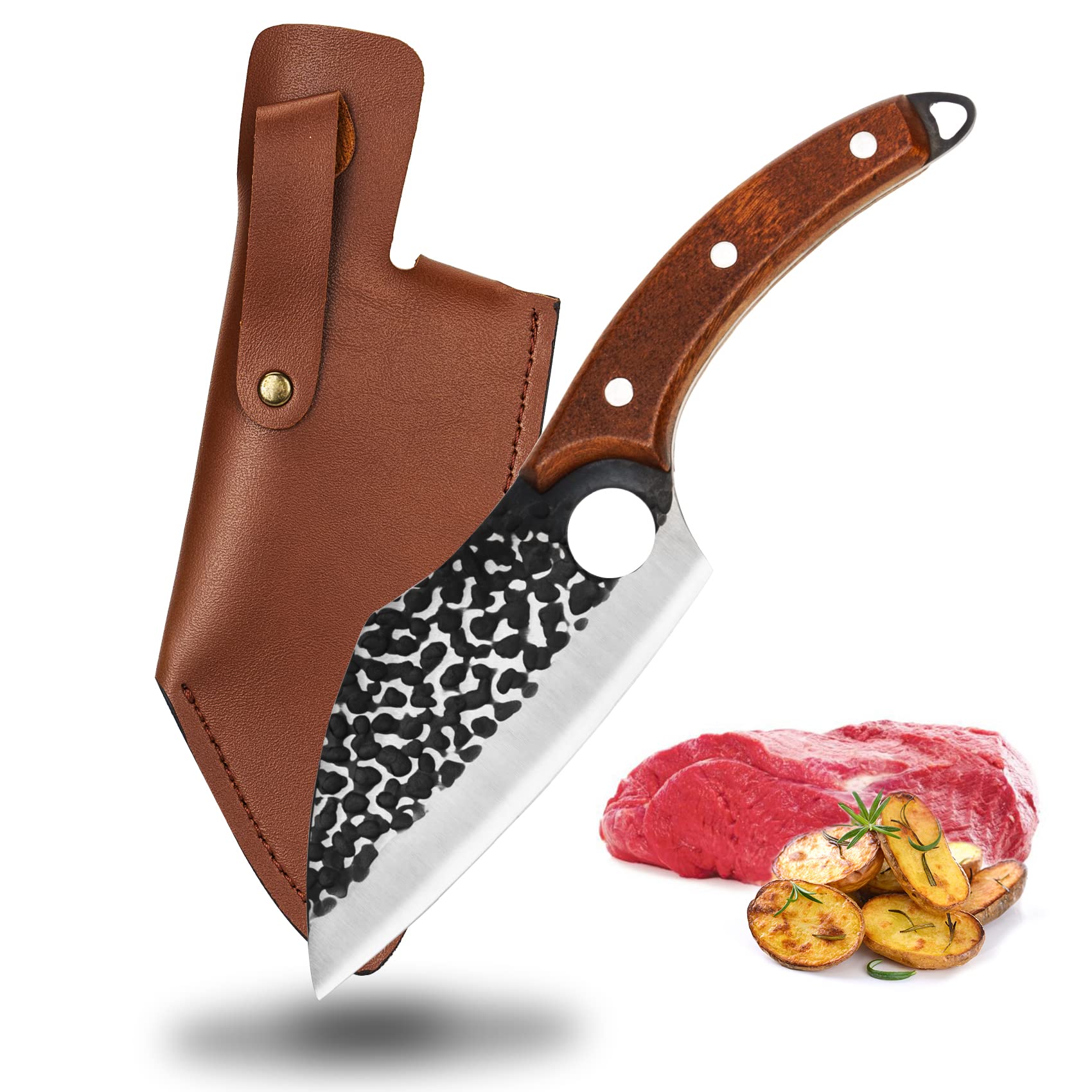 DOBADN Meat Cleaver Boning Knife, Hand Forged High Carbon Steel Viking Knife with Belt Sheath, Multipurpose Chef Knives for Kitchen, Camping, BBQ