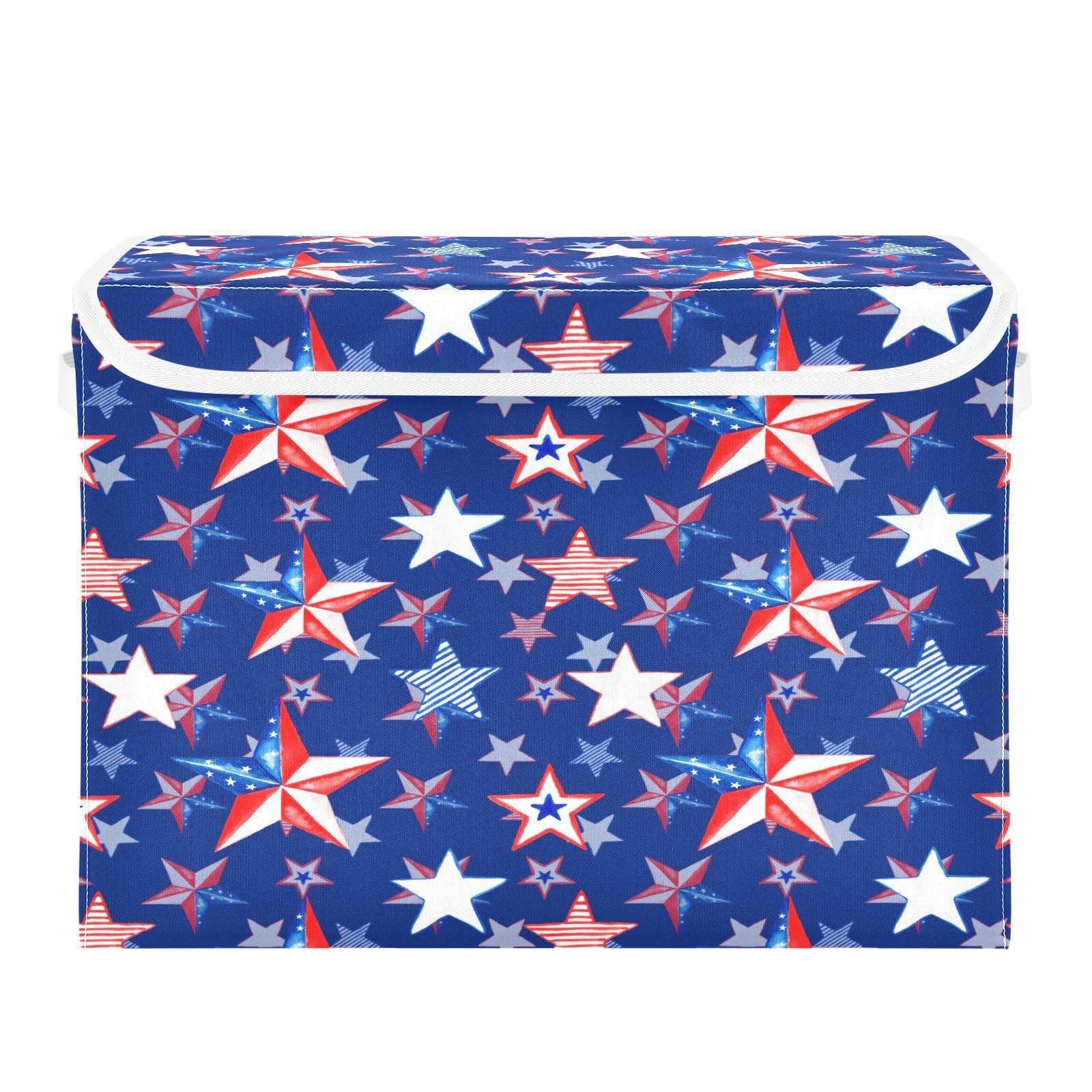 DIGTIA American July 4th Storage Bins with Lids Large Usa Flag Stars Storage Basket with Handles Foldable Fabric Storage Box Organizer for Clothes Toys Closet Cabinet Home Office Bedroom