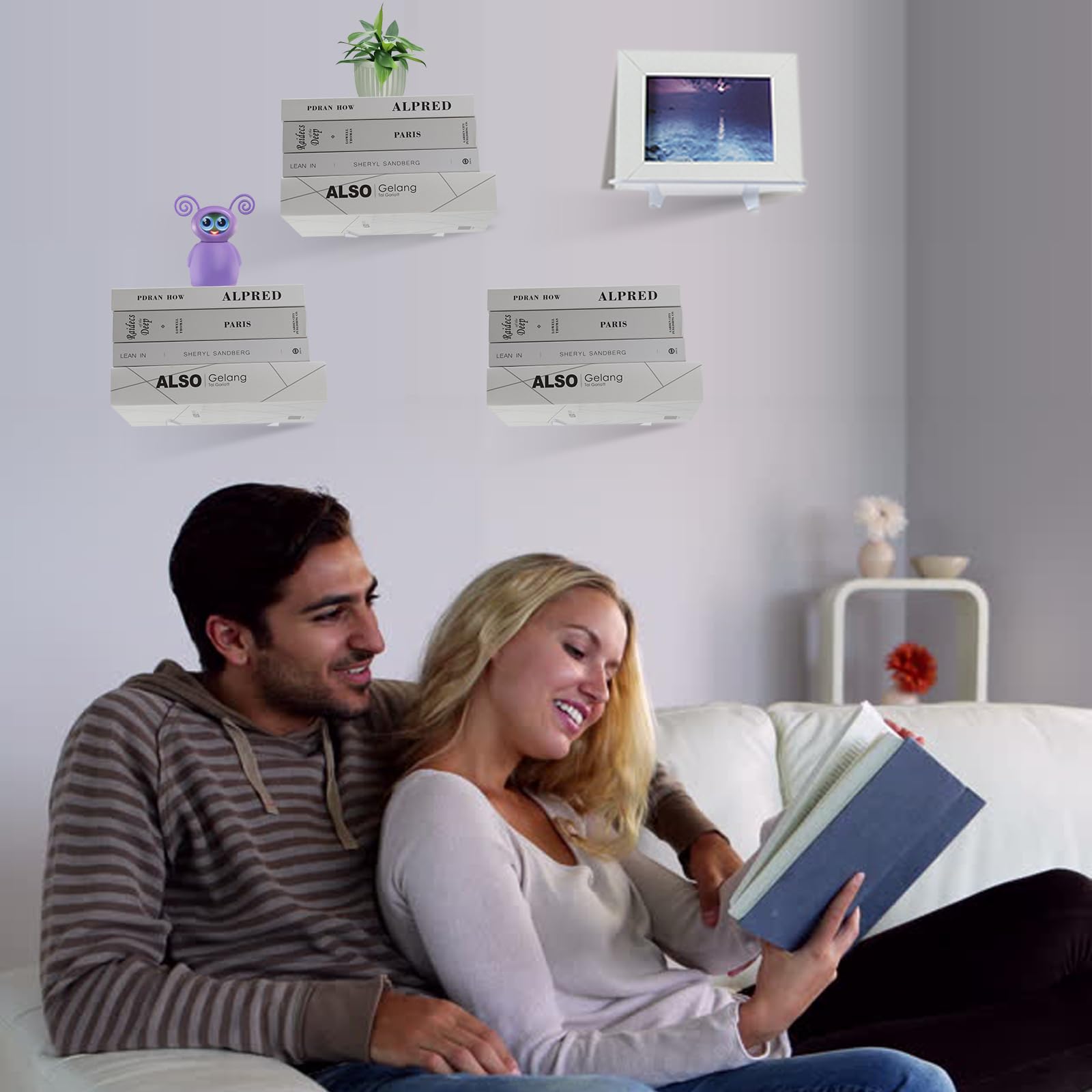 Floating Bookshelf,Invisible Floating Bookshelf,Floating Bookshelves for Wall,Iron Multipurpose Wall Mounted Bookshelf,Hidden Hanging Book Shelves for Wall Home and Office (White 4pcs)