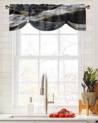 Tie Up Valance for Windows Black Abstract Marble Curtains Valances Rod Pocket Valance Window Treatments White Malachite Gold Veins Tie-up Shade Valance for Kitchen Living Room Bedroom 1 Panel 60x18