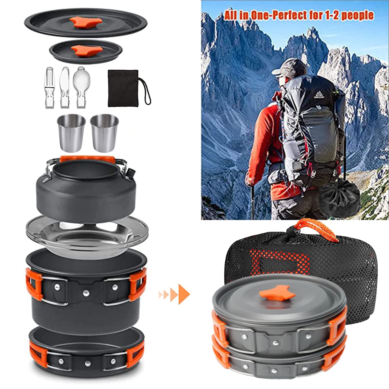 Camping Cookware Mess Kit, Camping Gear with Pot and Pans Set, Portable Aluminum Camping Cooking Set with Cup,Bowl,Picnic with Spoon Knife for Backpacking Stove Equipment