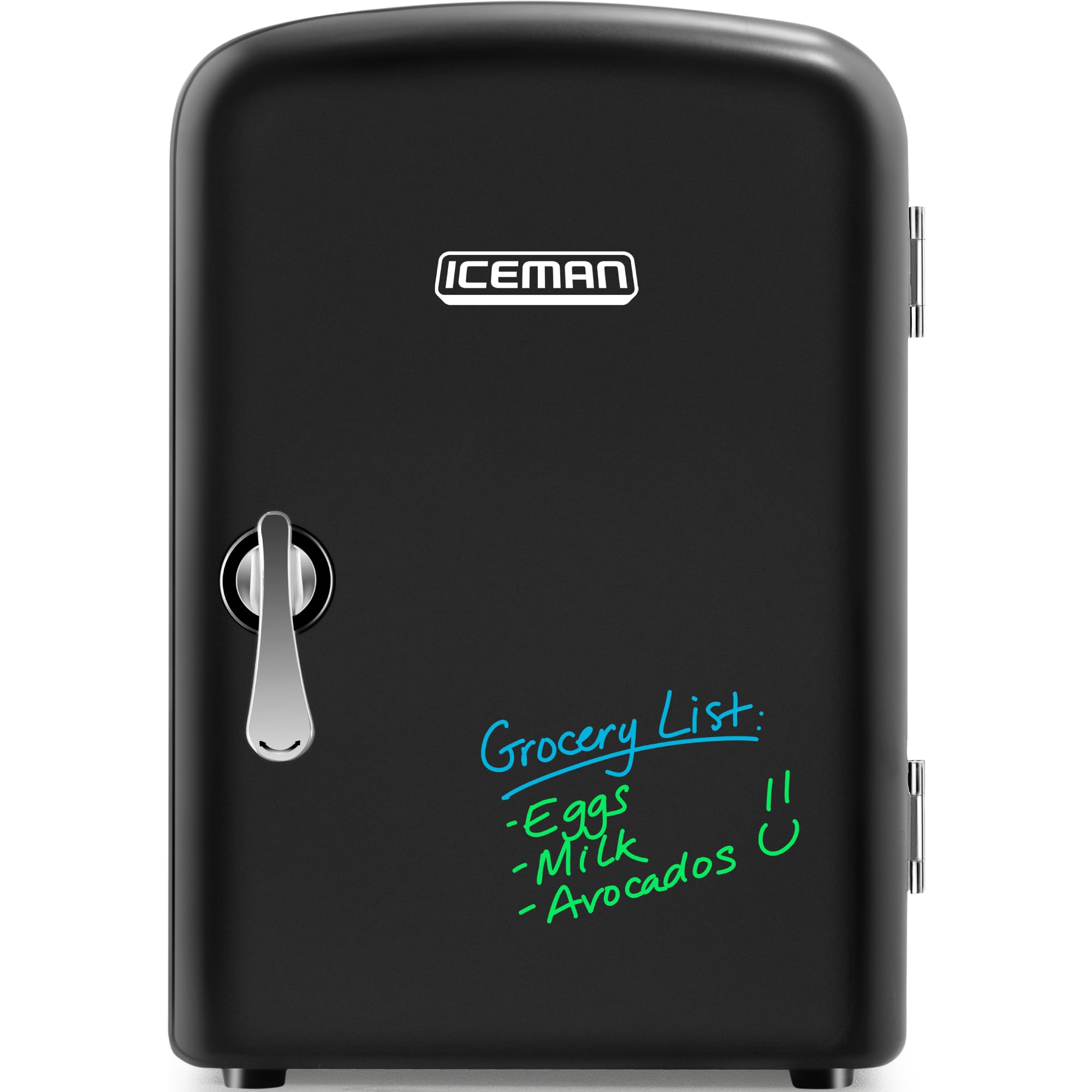 Iceman Mini Portable Board Personal Fridge, Cools & Heats, 4 Liter Capacity, Chills 6 12oz, 100% Freon-Free & Eco Friendly, Includes Plugs for Home Outlet & 12V Car Charger, 6 Cans, Black Dry Erase