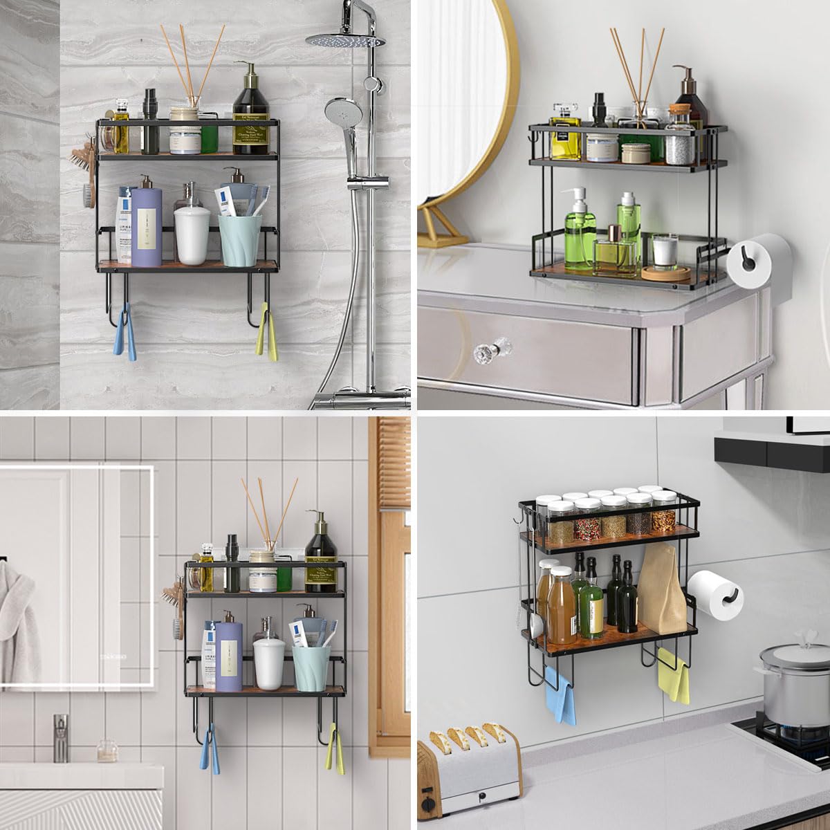 FLOLXNB 2 Tier Bathroom Storage Shelf, Wooden Toilet Shelf Organizer, Over The Toilet Storage Shelf,Toilet Storage Rack with Paper Holder and Hooks, No Drilling Wall Mounted Storage Rack, Black