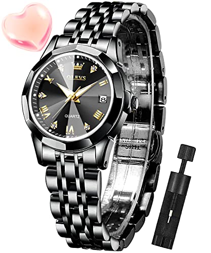 OLEVS Black Watch for Women Analog Quartz Diamond Fashion Elegant Dress Ladies Watch Stainless Steel Day Date Wrist Watches Waterproof Luminous