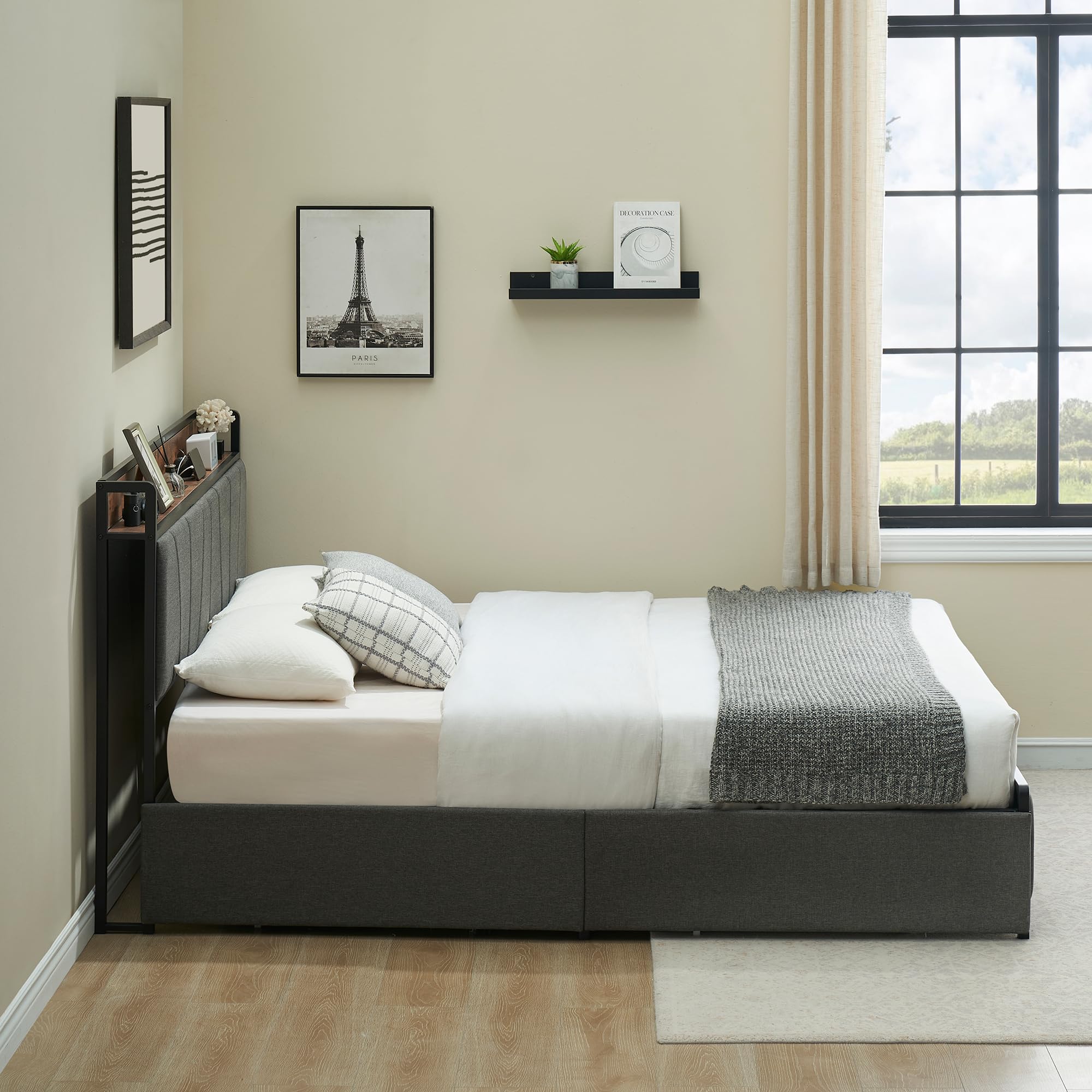 GAOMON King Size Bed Frame with Storage Headboard and 2 Drawers, Linen Upholstered Platform Bed Frame with Charging Station, Heavy Duty, No Box Spring Needed, Easy Assembly, Noise Free, Grey&Brown