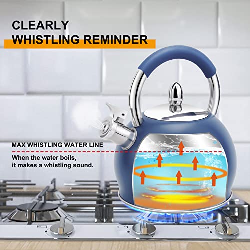 HRHongRui Whistling Tea Kettle for Stove Top Stainless Steel Tea Pot with Ergonomic Silicone Handle Teapot for Stovetop 3.2 Quart / 3 Liter Blue