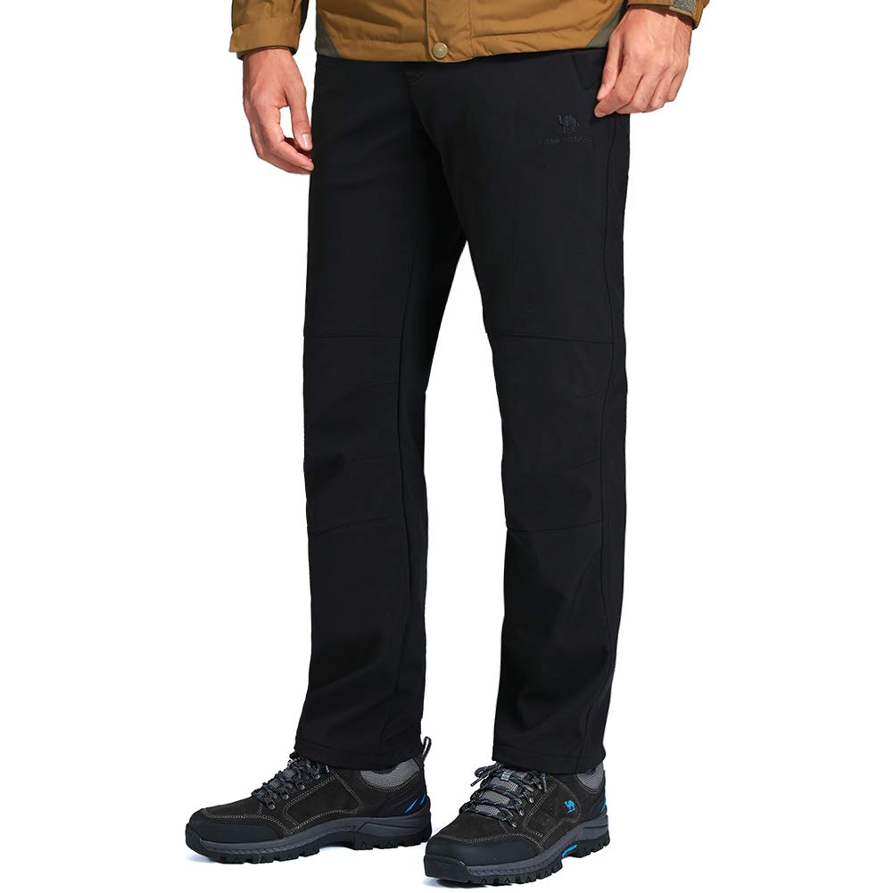 CAMEL CROWN Men’s Waterproof Hiking Pants Ski Fleece Lined Insulated Warm Soft Shell Pants Black