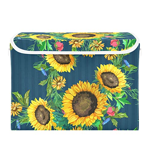 innewgogo Watercolor Sunflowers Storage Bins with Lids for Organizing Large Collapsible Storage Bins with Handles Oxford Cloth Storage Cube Box for Books