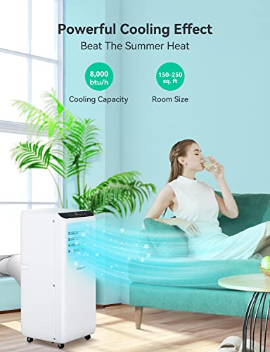 VAGKRI Portable Air Conditioners 8000 BTU 3-in-1 AC Unit with Fan & Dehumidifier, Cools up to 150 sq. ft. with Side Handles & Casters, LED Display Full-Function, Remote Control