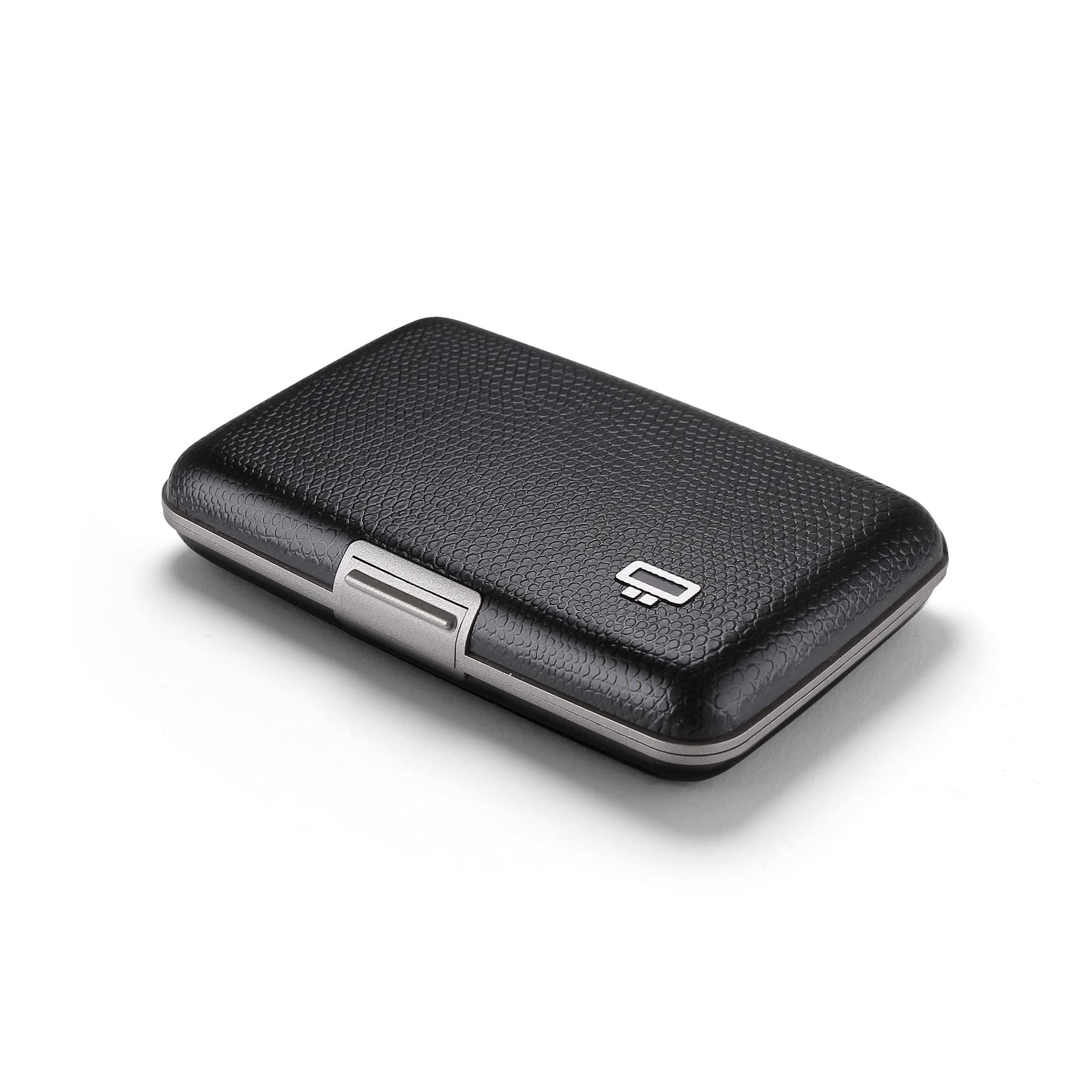 ÖGON -DESIGNS- Aluminum wallet smart case RFID Blocking – The original minimalist slim card holder for men and woman - Vegan Leather Snake Black/Grey Interior