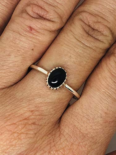 Black Onyx Oval Stone Delicate Ring 925 Sterling Silver Vintage Tribal Gipsy Boho Look US Size 6 7 8 (6)
