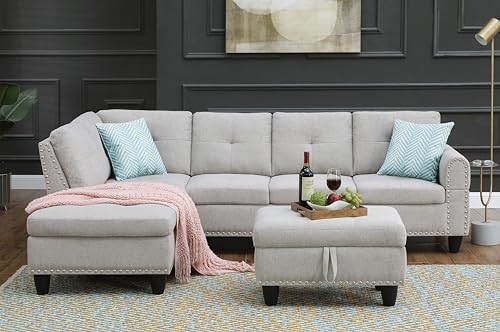 FANYE L-Shaped Sectional Sofa with Right Chaise & Nailhead Decor,Modern Faux Leather Tufted Upholstered Corner Sofa&Couch W/Cup Holders and Storage Ottoman for Home Apartment Office Living Room