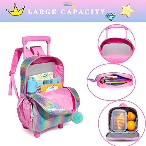 HTgroce 3 in 1 Pink Rolling Backpack for Girls, Kids Roller Wheels Bookbag, PWR Girls Backpack with Wheels Suitcase School, Wheeled School Bag and Lunch Bag & Pencil Case
