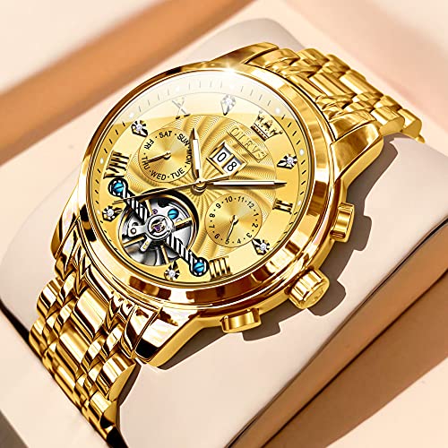 OLEVS Mens Automatic Mechanical Watch Gold Stainless Steel Skeleton Tourbillon Self Winding Luxury Business Dress Date Diamond Wrist Watches Waterproof Luminous