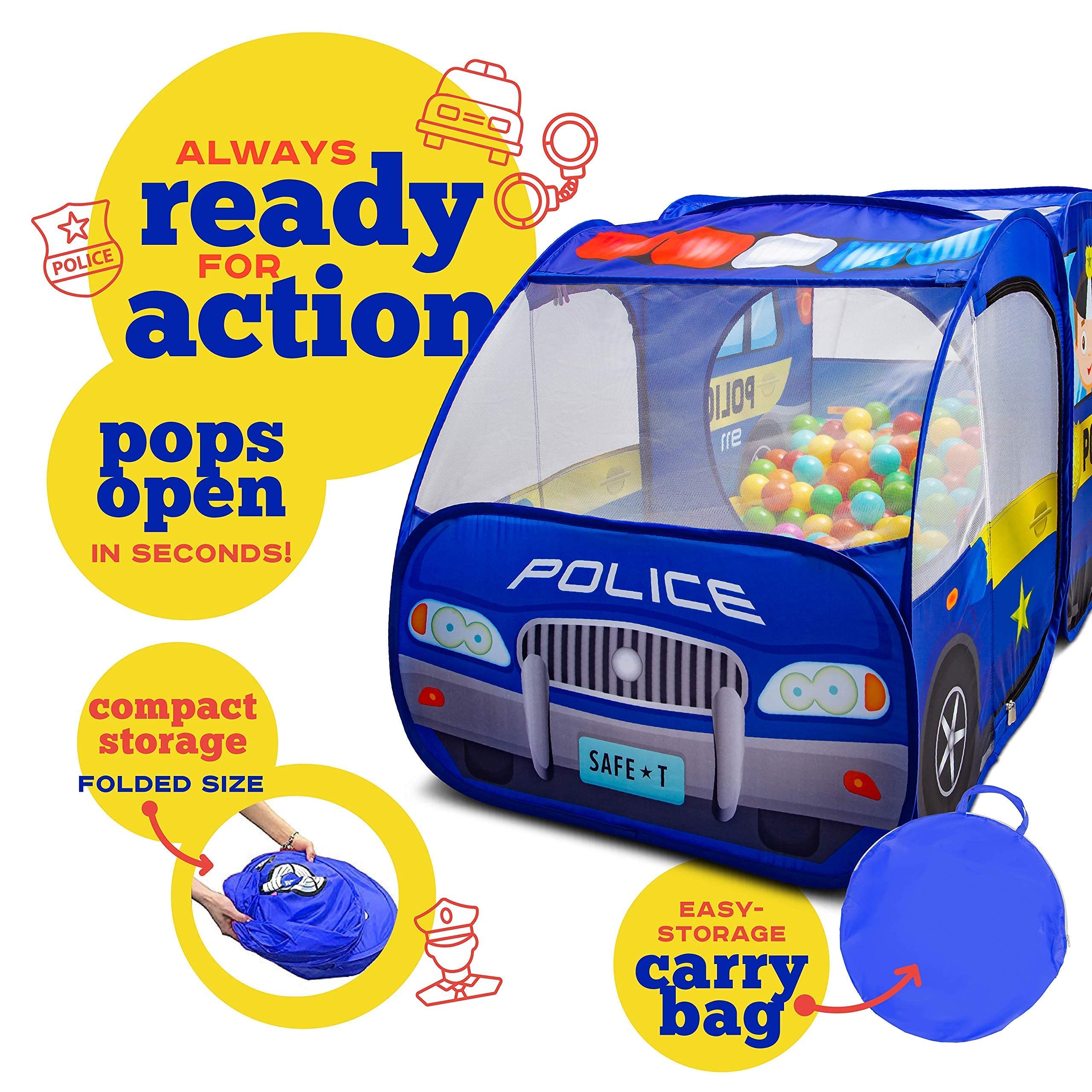 Police Car Pop Up Play Tent with Sound Button for Kids, Toddlers, Boys, Girls, Indoors & Outdoors – Playhouse for Interactive Fun - Foldable, Quick Setup Pretend Play Toys & Gift