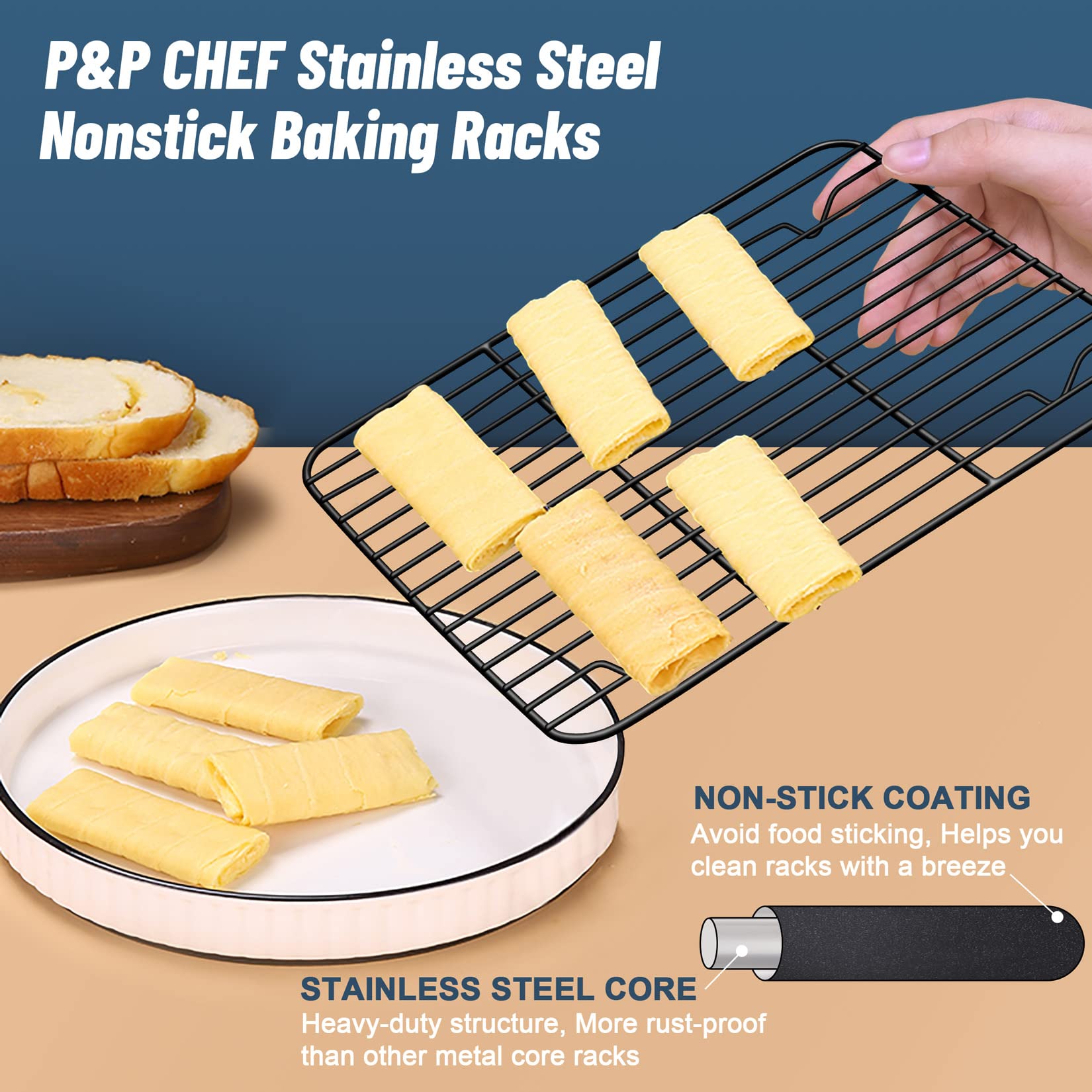Cooling Rack Set of 2, P&P CHEF Non-stick Small Baking Racks for Cooking Grilling, 2 Pack 9.7β x 7.3β Drying Rack, Fit in Mini Toaster Oven, Stainless Steel Core & Dense Lines, Easy to Clean