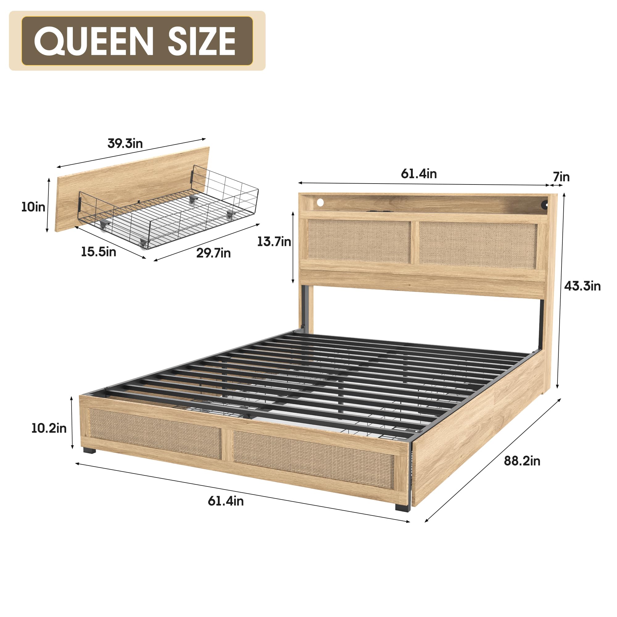 Fameill Queen Size Bed Frame with LED Light and 4 Drawers, Rattan Hidden Storage Headboard, Charging Station, Metal Platform Boho Bed Frame No Box Spring Needed