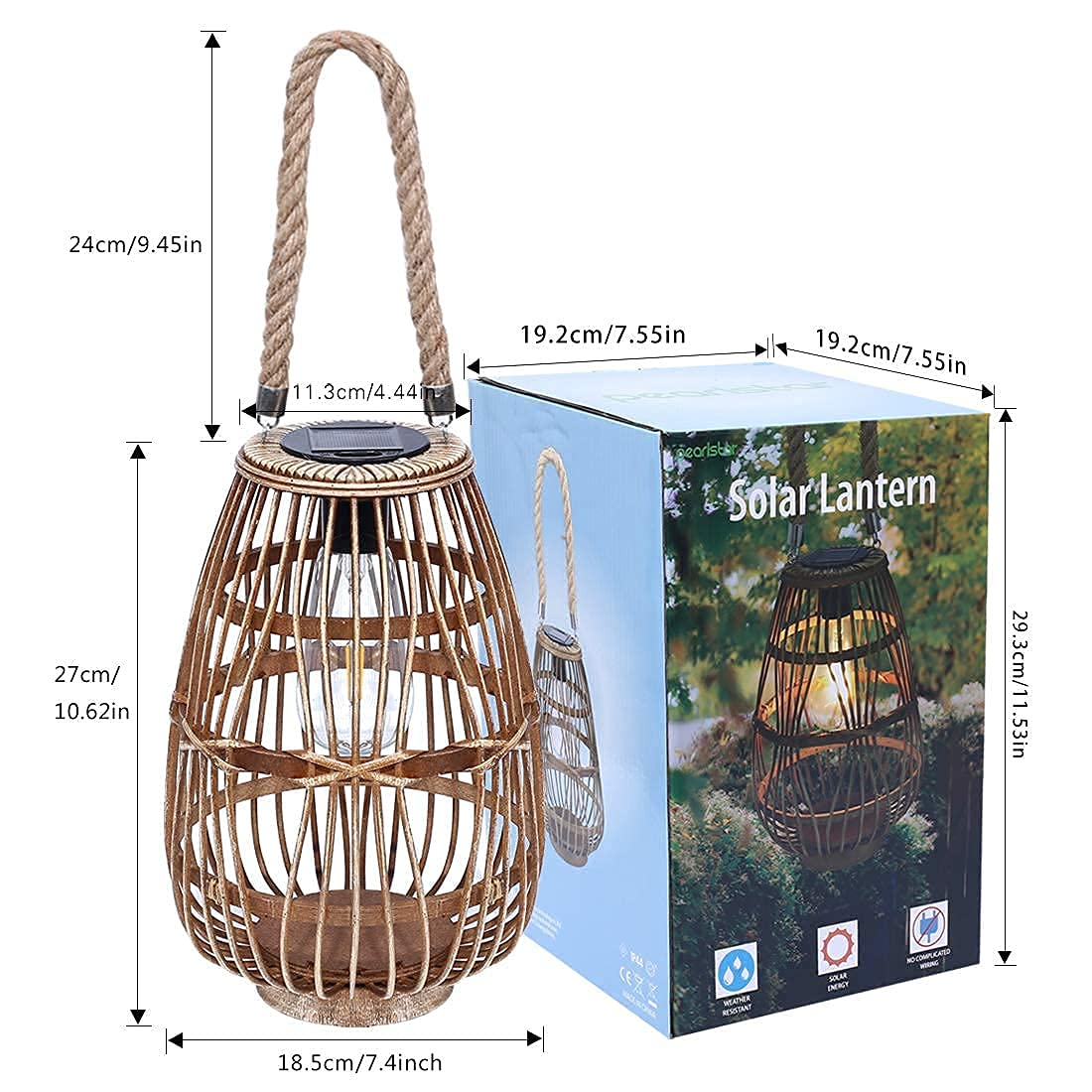 pearlstar Outdoor Solar Lantern Hanging Lights Natural Rattan Solar Lantern with Handle, Waterproof Large Solar Lights Table Lamp for Yard Garden Patio Wedding Home Decoration, Edison Bulb