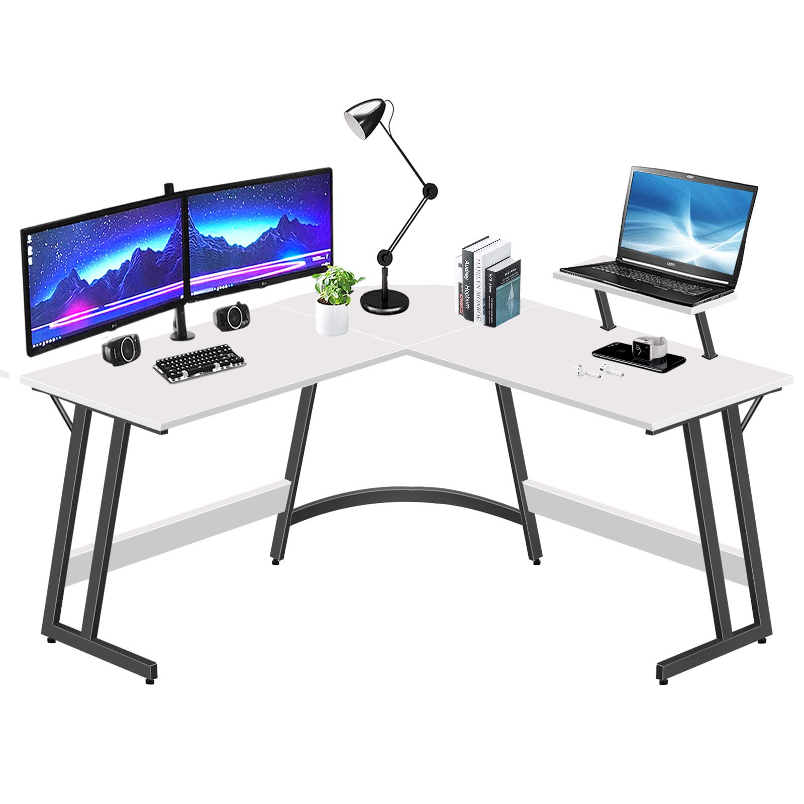 Lufeiya L Shaped Desk White Corner Computer Desks for Small Space Home Office Student Study Bedroom PC Work,51 Inch Modern L-Shaped Writing Table with Monitor Stand