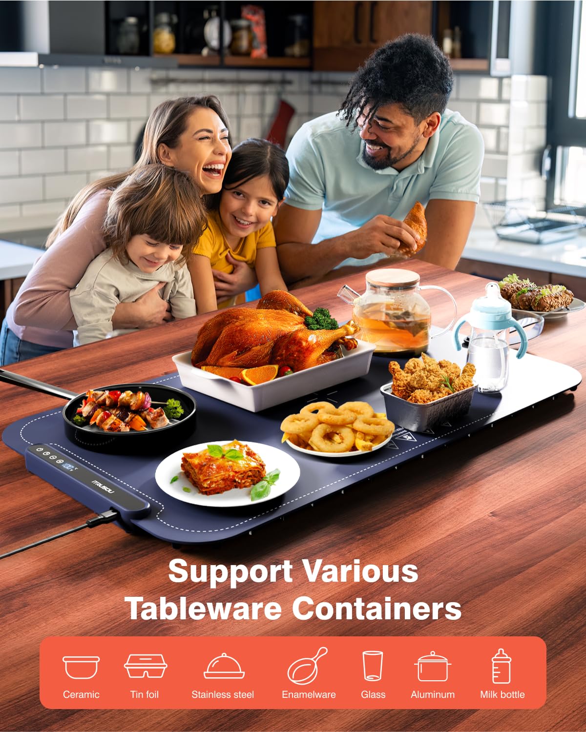 Electric Warming Tray, iTRUSOU Silicone Warming Mat for Food with 7 Temp-Settings, Switchable Celsius/Fahrenheit, 1-8Hr Auto Shut-Off, Upgrade Strap Keep Food Warm at Buffet, Party, Sabbath, Daily Use