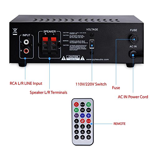 Pyle Home Home Audio Power Amplifier System - 2x120W Dual Channel Theater Power Stereo Receiver Box, Surround Sound w/ USB, RCA, AUX, LED, Remote, 12V Adapter - For Speaker, iPhone - Pyle PCAU46A