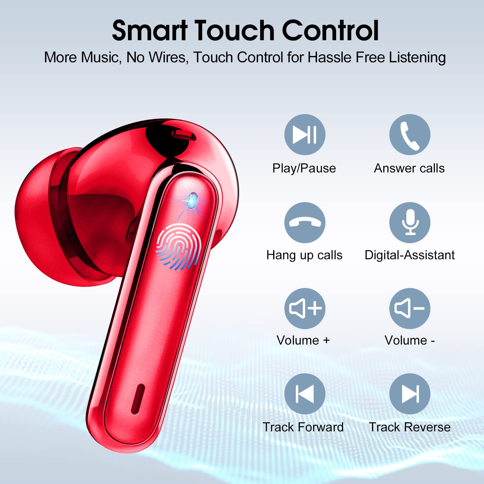 Csasan Red Wireless Earbuds, 2023 Bluetooth 5.3 Headphones HiFi Stereo, 40H Playtime in-Ear Earbud, Bluetooth Earbuds with LED Power Display, IP7 Waterproof Wireless Earphones Sport Headset