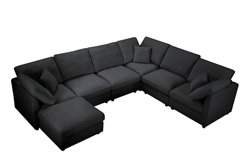 FANYE Oversized 7 Seater Modular Cushions Sectional Sofa Couch with Movable Ottoman,U-Shaped Corner Deep Seat Sectional&Couch Convertible Spacious Sleeper Sofabed for Home Apartment Living Room Sets
