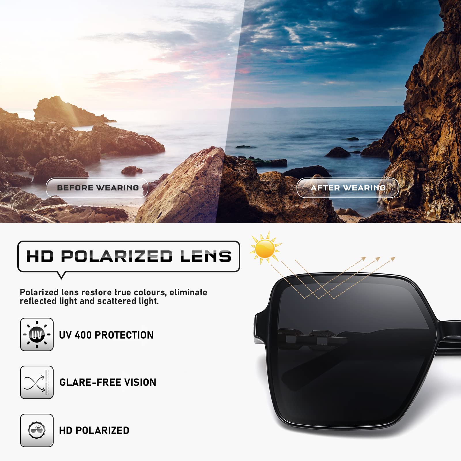 Colrea Trendy Polarized Square Sunglasses for Women Oversized Big Fashion Shades UV Protection CL23001 (Black)