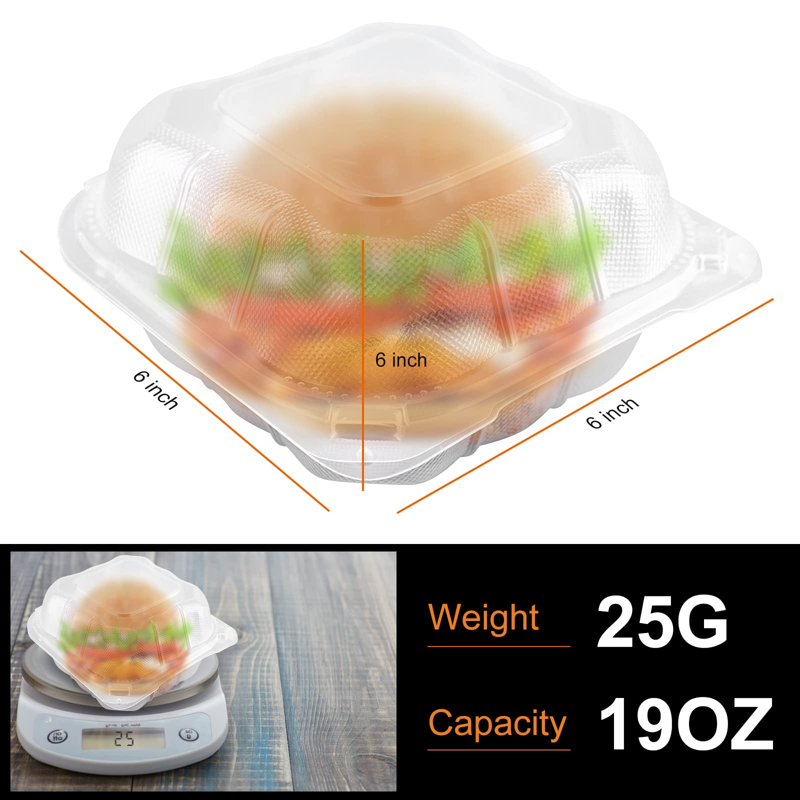DODHEG 24 PCS Clear Clamshell Take out Containers, Plastic Food Container, Disposable Plastic To Go Containers, for Cakes, Hamburger, etc, 6 x 6 Inch