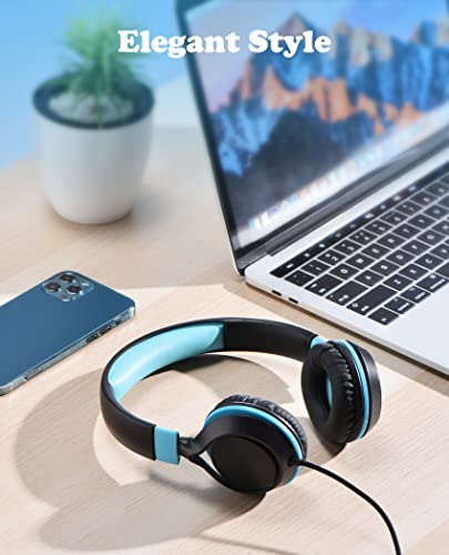 DyBaxa Kids Headphones Wired, Foldable On Ear Headset, Volume Limiter 94dB, Over-Ear Headphones for School Online Classes Travel Children, 3.5mm Jack Compatible Smartphones, Black Blue
