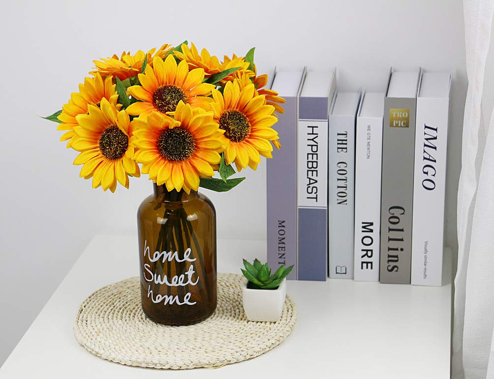 Olrla Artificial Sunflowers with Stems,10pcs Faux Silk Sunflower Bulk for Wedding Bouquet Floral Arrangement Table Centerpieces Home Office Garden Decoration