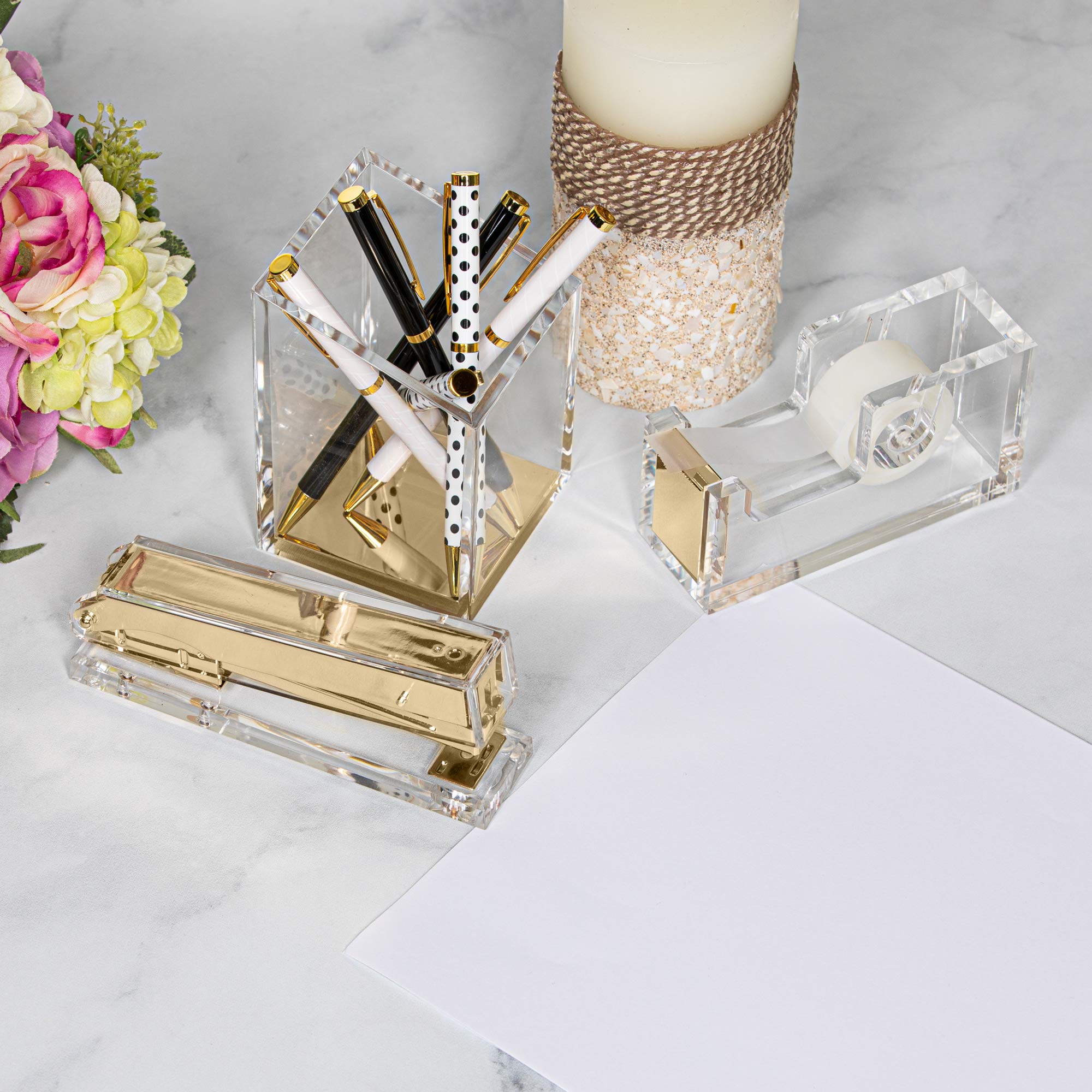 Punch & Stick | Stationery & Desk Accessories | Pen Holder, Stapler & Tape Dispenser | Gold & Clear Acrylic Lucite | Office Desk Accessories | Office Gift Set