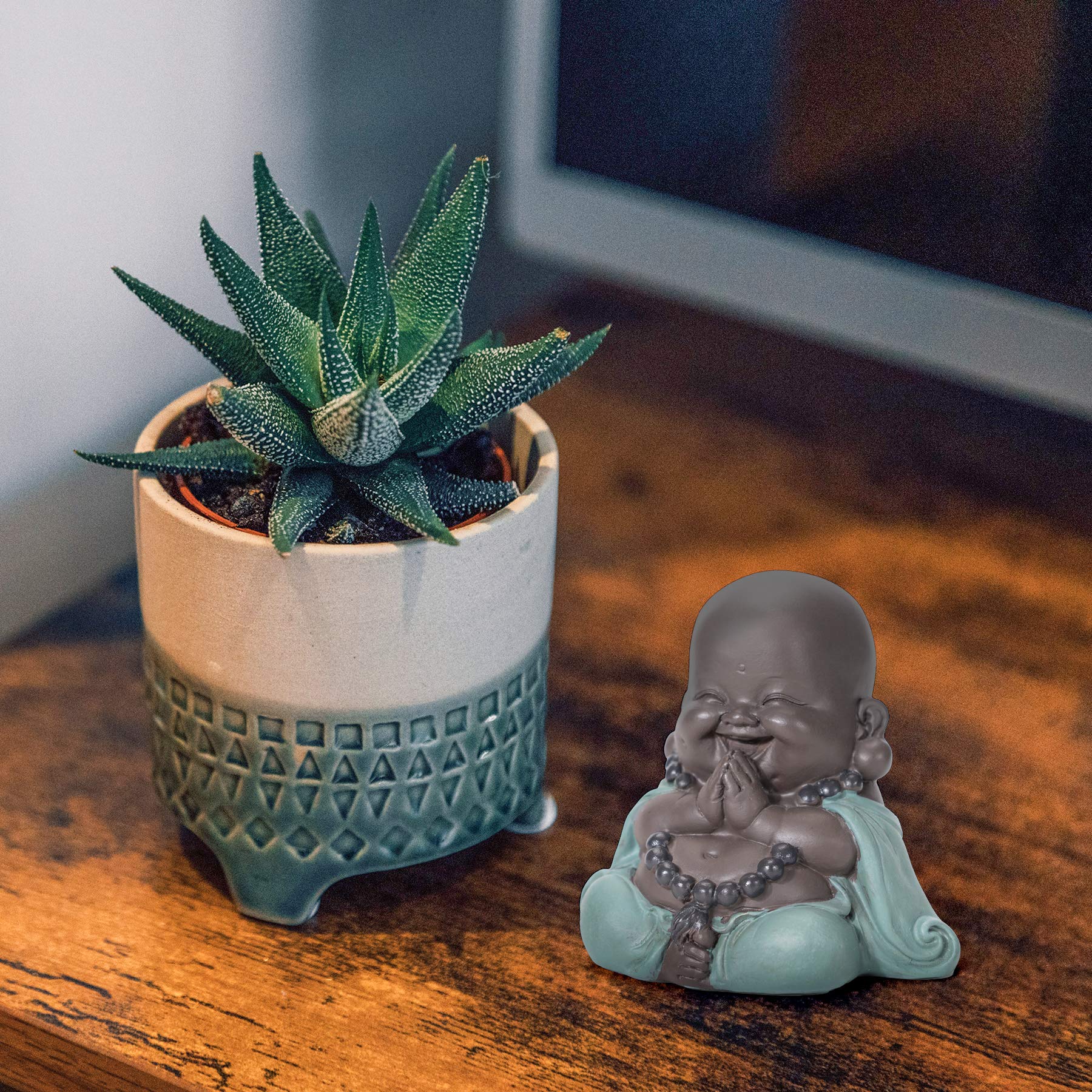 WGFKVAS Buddha Statue, Laughing Ceramic Buda Statue Little Monk Figurine Cute Baby Buddha for Home Office Car Decors Gift Crafts and Arts (Green)